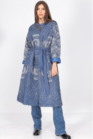 Long oversized cotton coat with embroidery in Blue